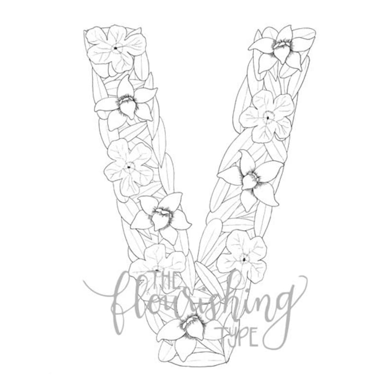 Printable Colouring Page - Letter V Floral Inspired - Violet & Vanilla ...