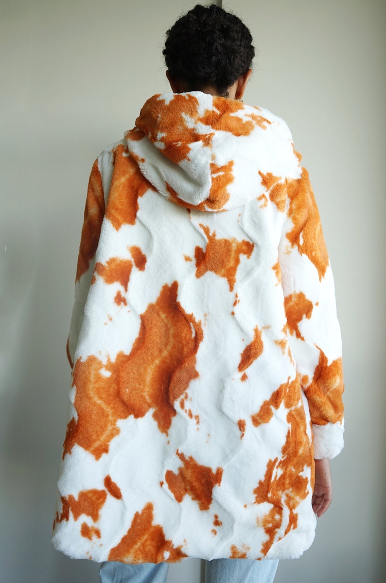 Fuzzy Faux Fur Orange Cow Print Hooded Jacket Soft Fuzzy Cow Print ...