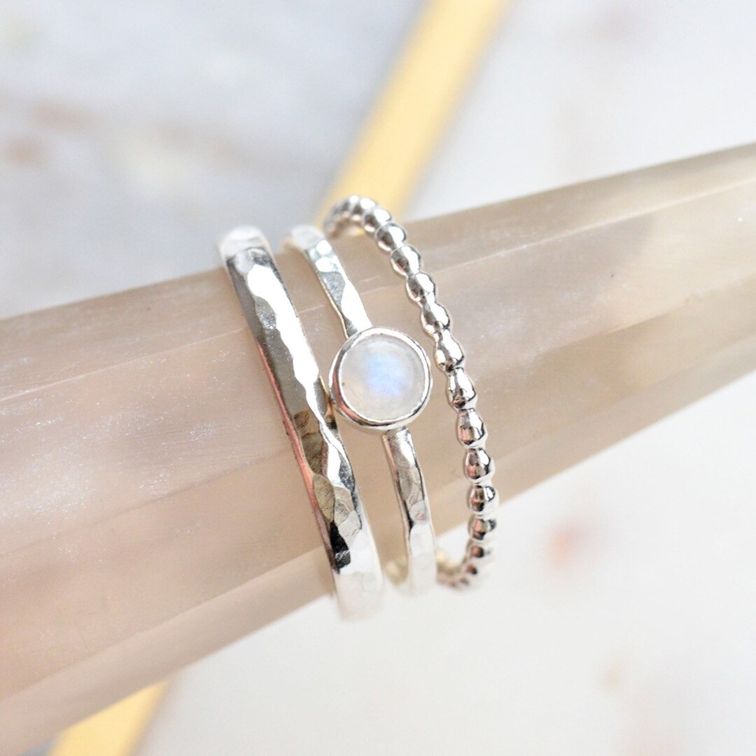 Rainbow Moonstone Ring Sterling Silver, Stacking Ring Set of 3 ...