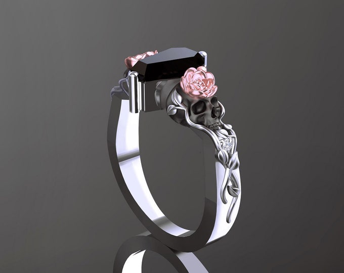 Eternite Gold Coffin Cut Floral Skull Engagement Ring - Etsy