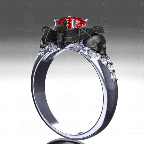 Moonlight Natural Ruby and White Diamond Bat and Skull | Etsy