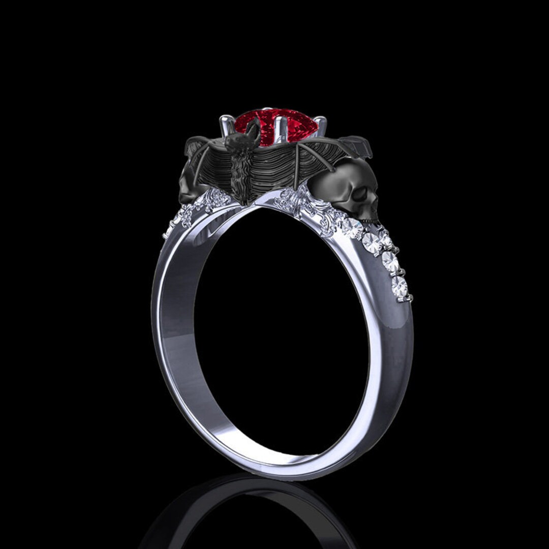 Moonlight - Natural Ruby and White Diamond Bat and Skull Engagement ...