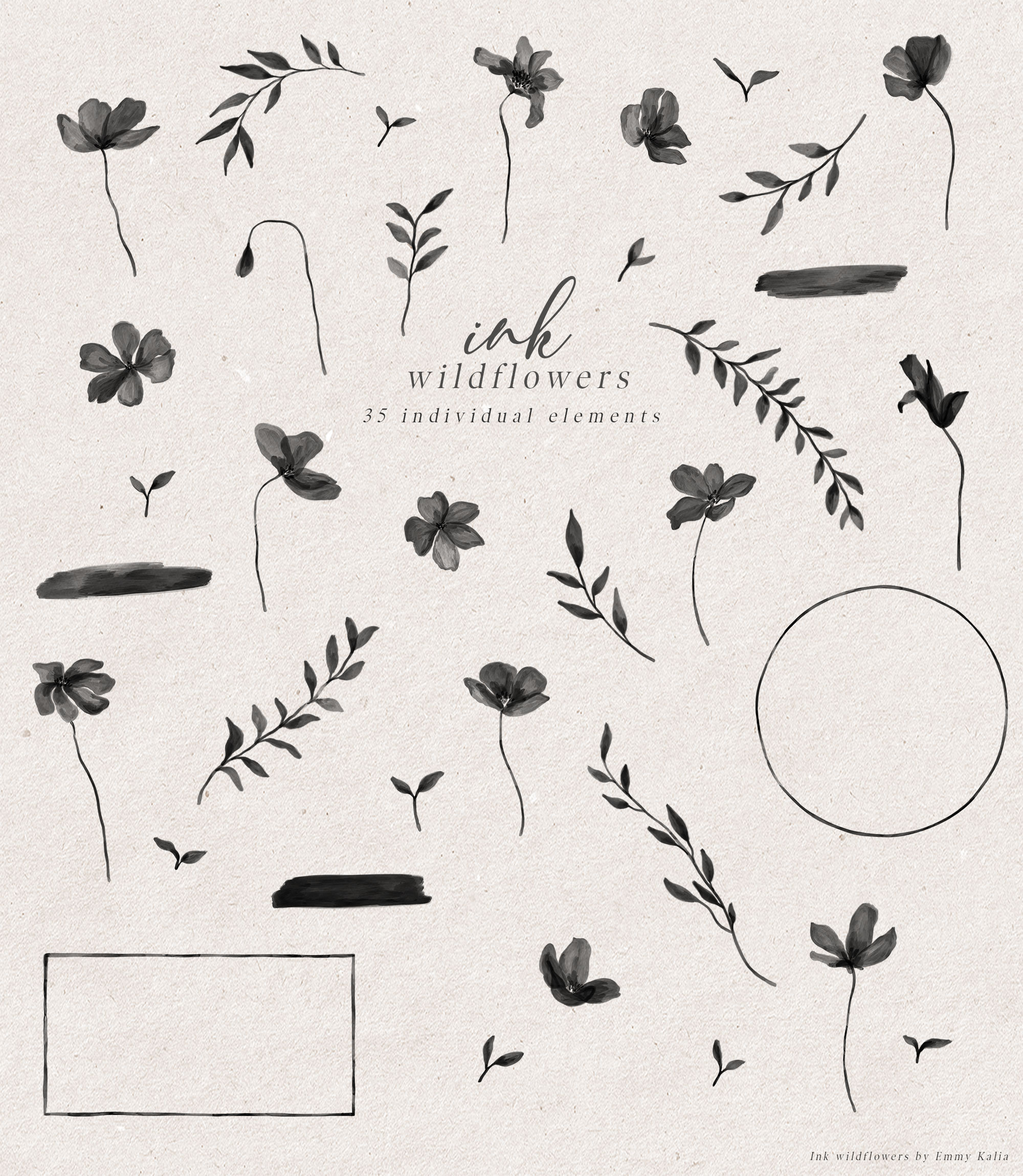 Ink Wildflowers Clipart Illustrations Hand-painted Ink Floral | Etsy