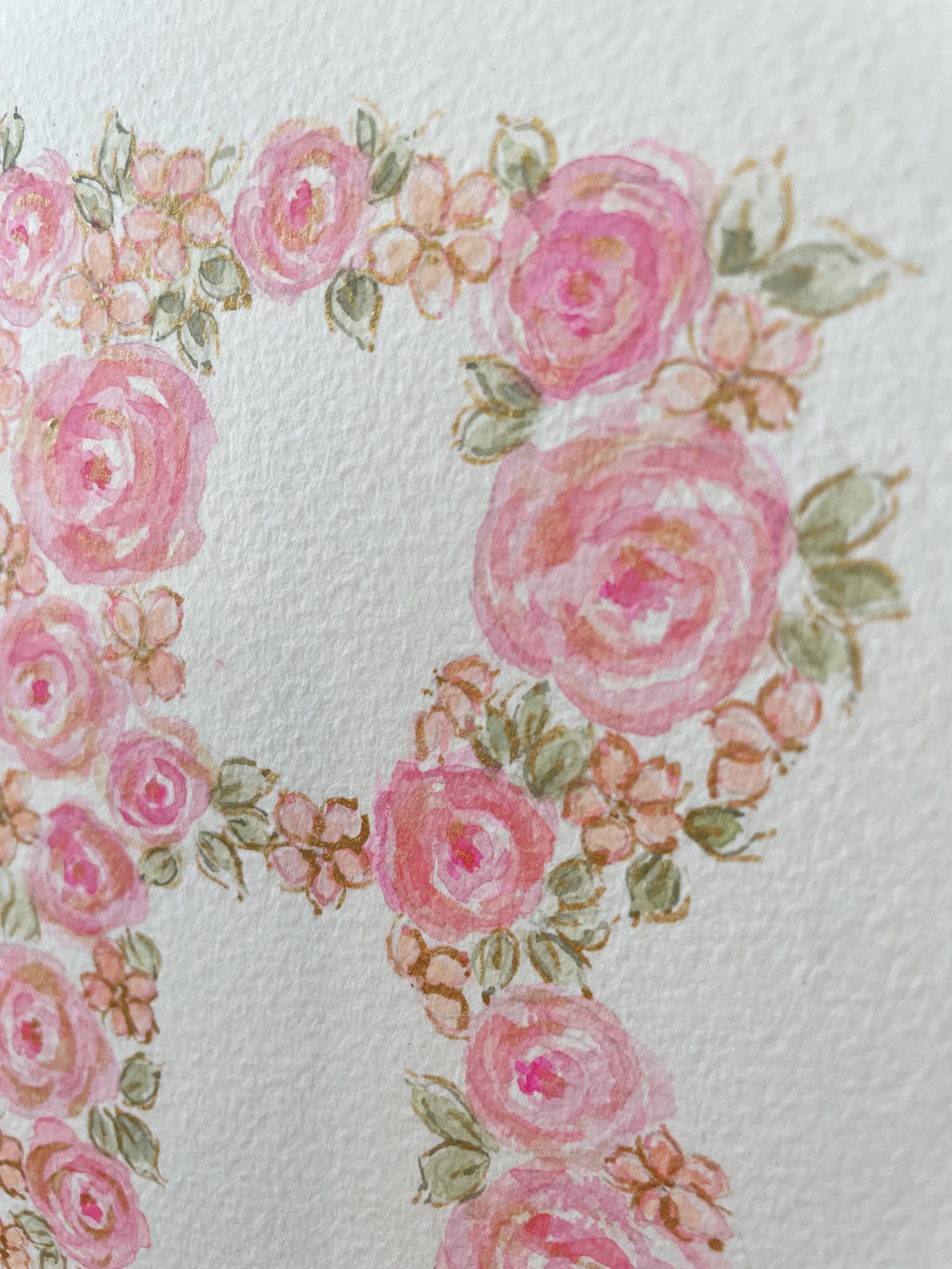 Monogram Letter Watercolour Pink Roses, Peach Flowers With Gold Accents ...