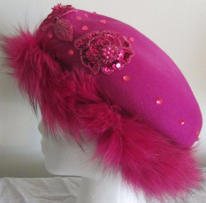 Fuschia Fox Fur Hat,beret Hat,wool Felt Hat,sequin Flowers,wedding Hat ...