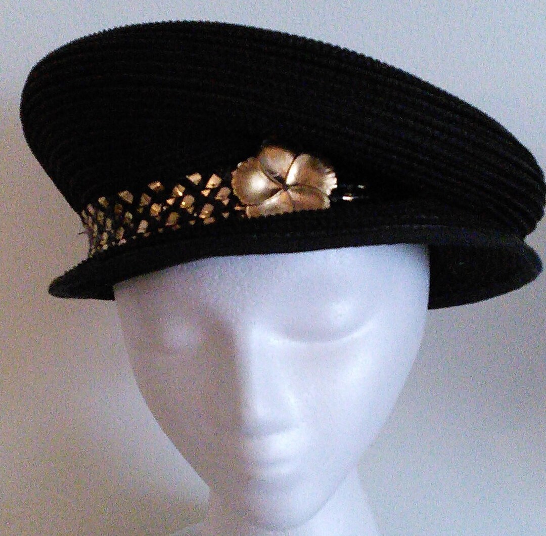 Black Straw Hat,black & Gold Swiss Braid Band,flower Brooch,church Hat ...
