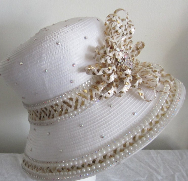 Women's White & Gold Fedora Hat, Church Hat, Wedding Hat, Millinery Hat ...