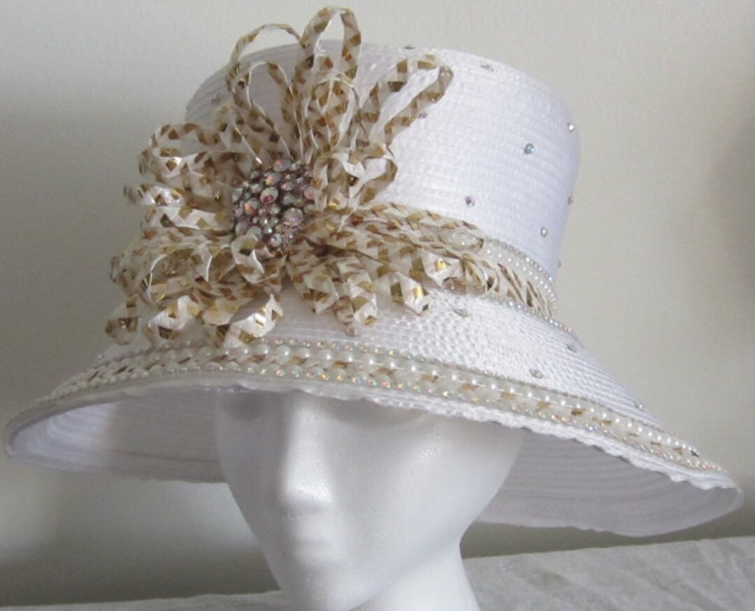 Women's White & Gold Fedora Hat, Church Hat, Wedding Hat, Millinery Hat ...
