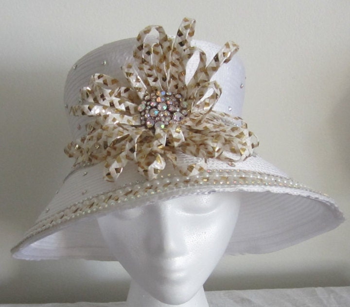 Women's White & Gold Fedora Hat, Church Hat, Wedding Hat, Millinery Hat ...