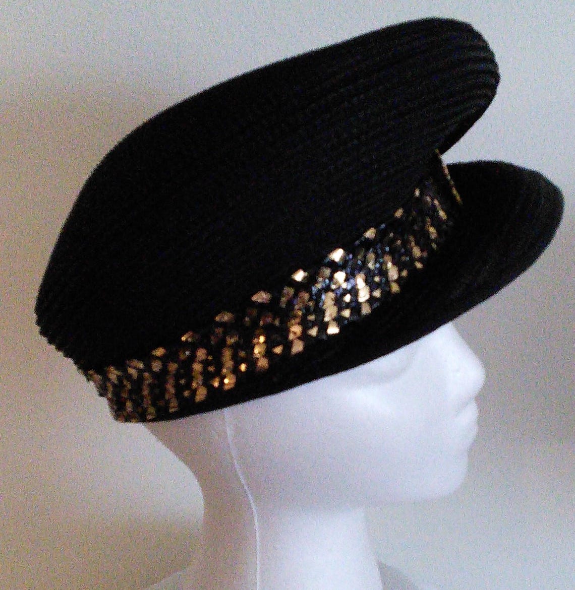 Black Straw Hat,black & Gold Swiss Braid Band,flower Brooch,church Hat ...