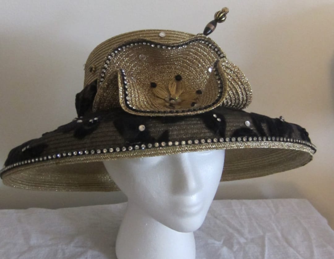 Gold Straw Hat With Mesh Flower Applique, Wedding Hat, Church Hat ...