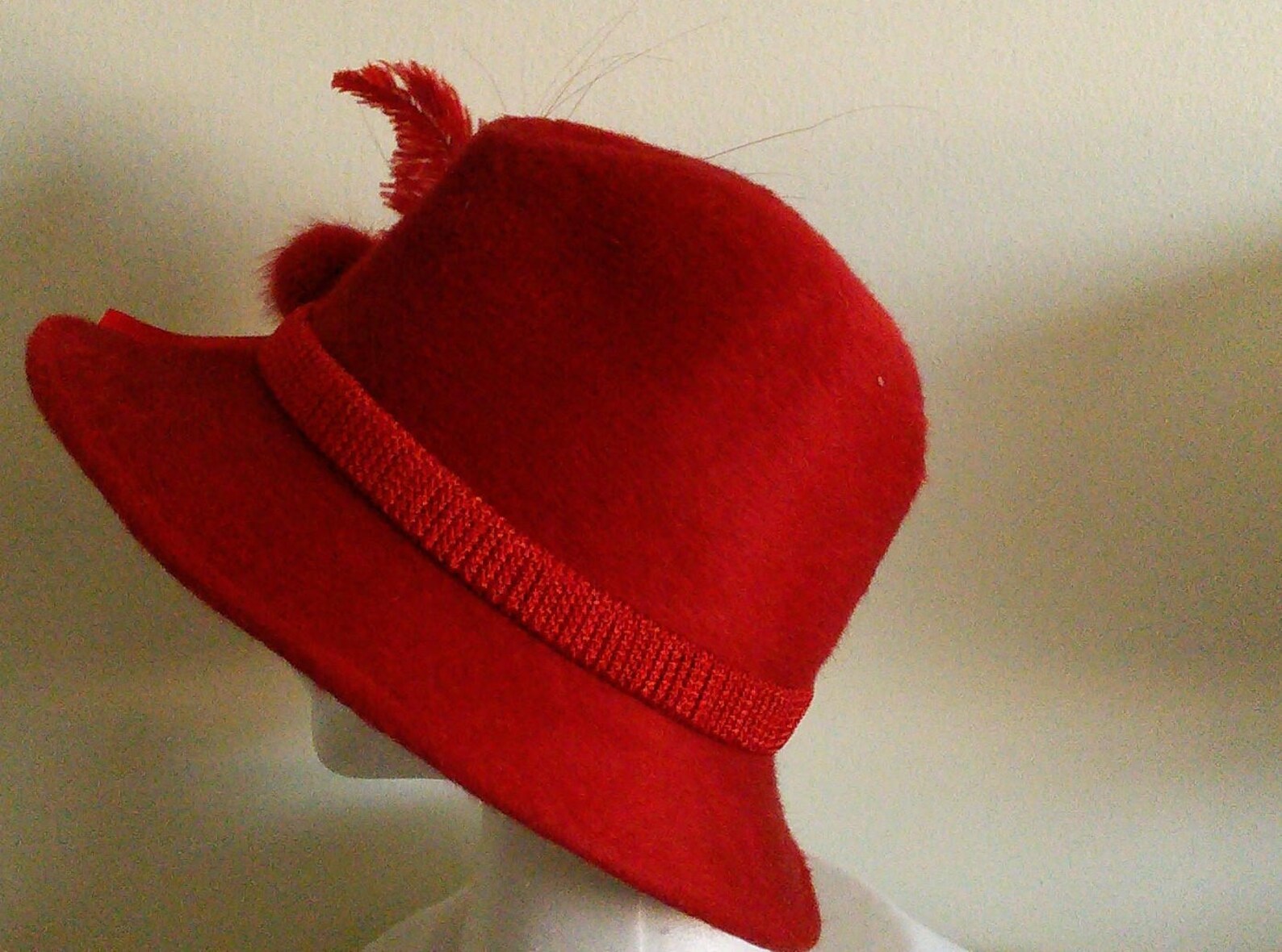 Sombrero de piel de castor rojo, cinta tejida, sombrero de plumas de ...