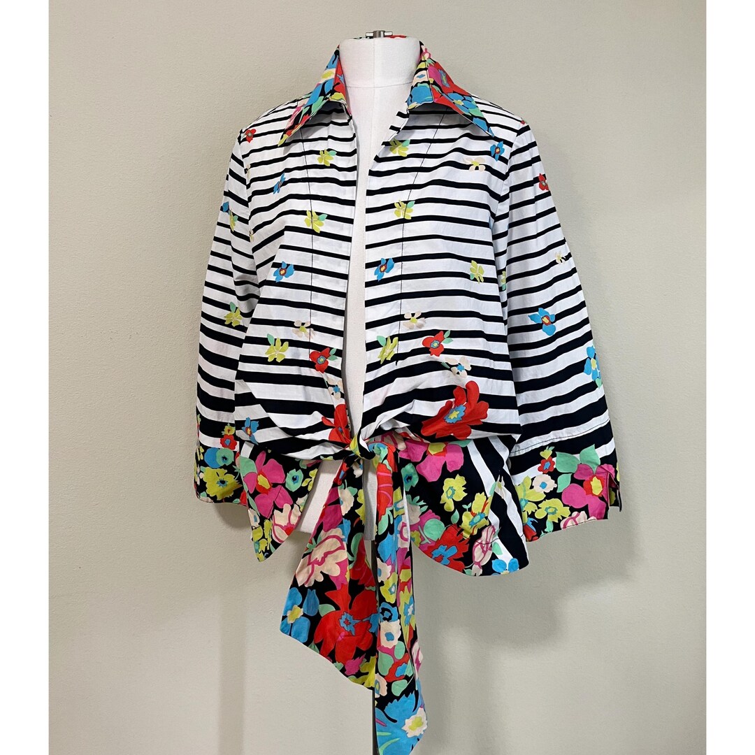 Vintage Mishca M Striped Floral Tie Front Collared 3/4 Sleeve Cotton ...