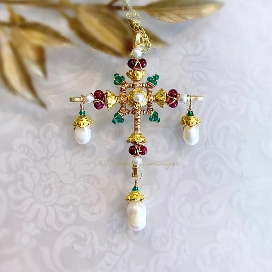 Renaissance Medieval Large Statement Jeweled Cross Necklace, Wire ...
