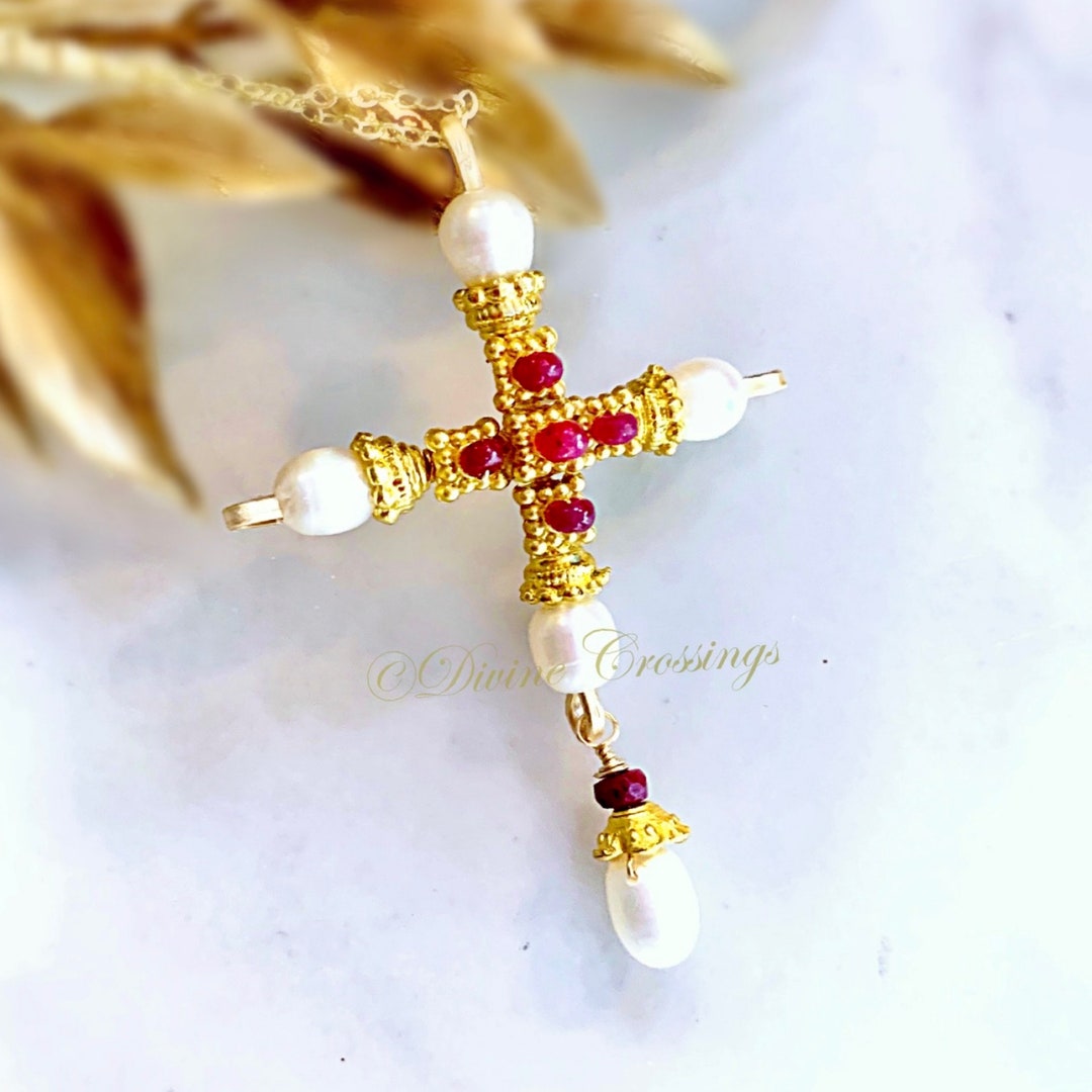 LARGE KATHERINE of ARAGON Statement Ruby and Pearl Cross Necklace ...
