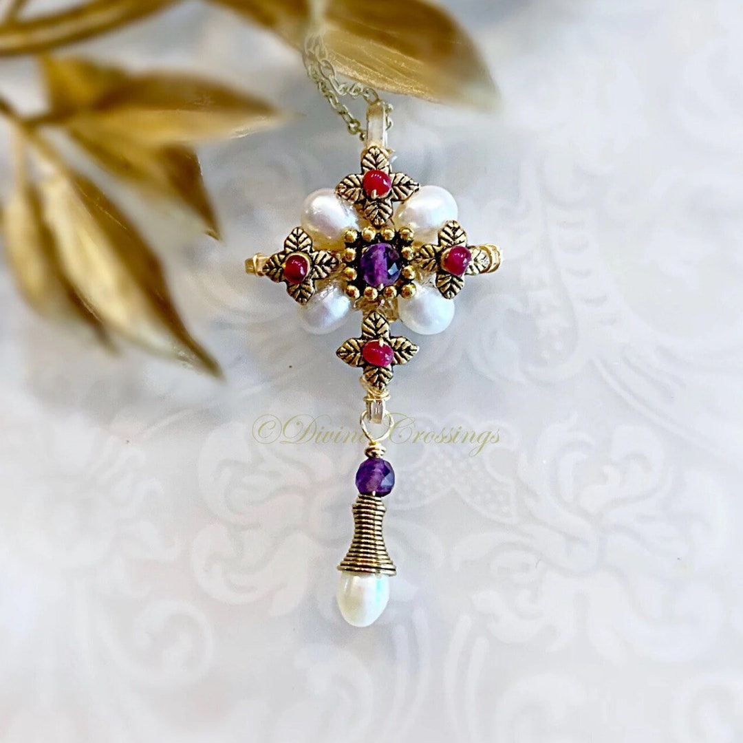 Renaissance Tudor Ruby and Amethyst Gemstone Cross Medallion Pendant ...