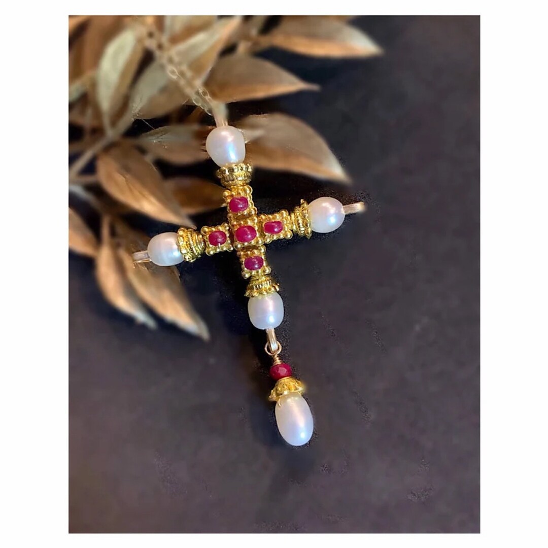 LARGE KATHERINE of ARAGON Statement Ruby and Pearl Cross Necklace ...