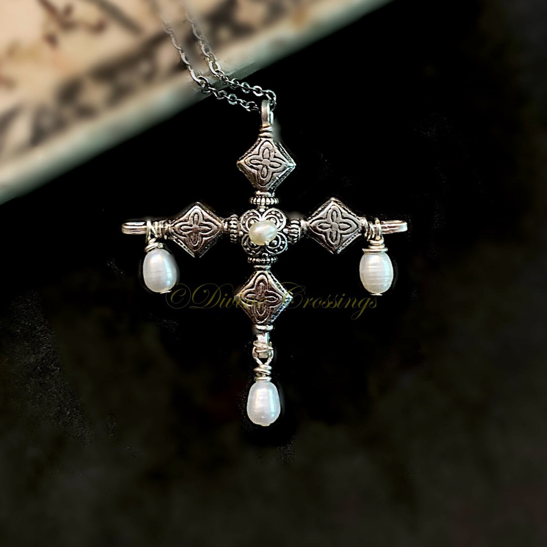 Antiqued Silver Pearl Cross, Tudor Core, Renaissance Elizabethan ...