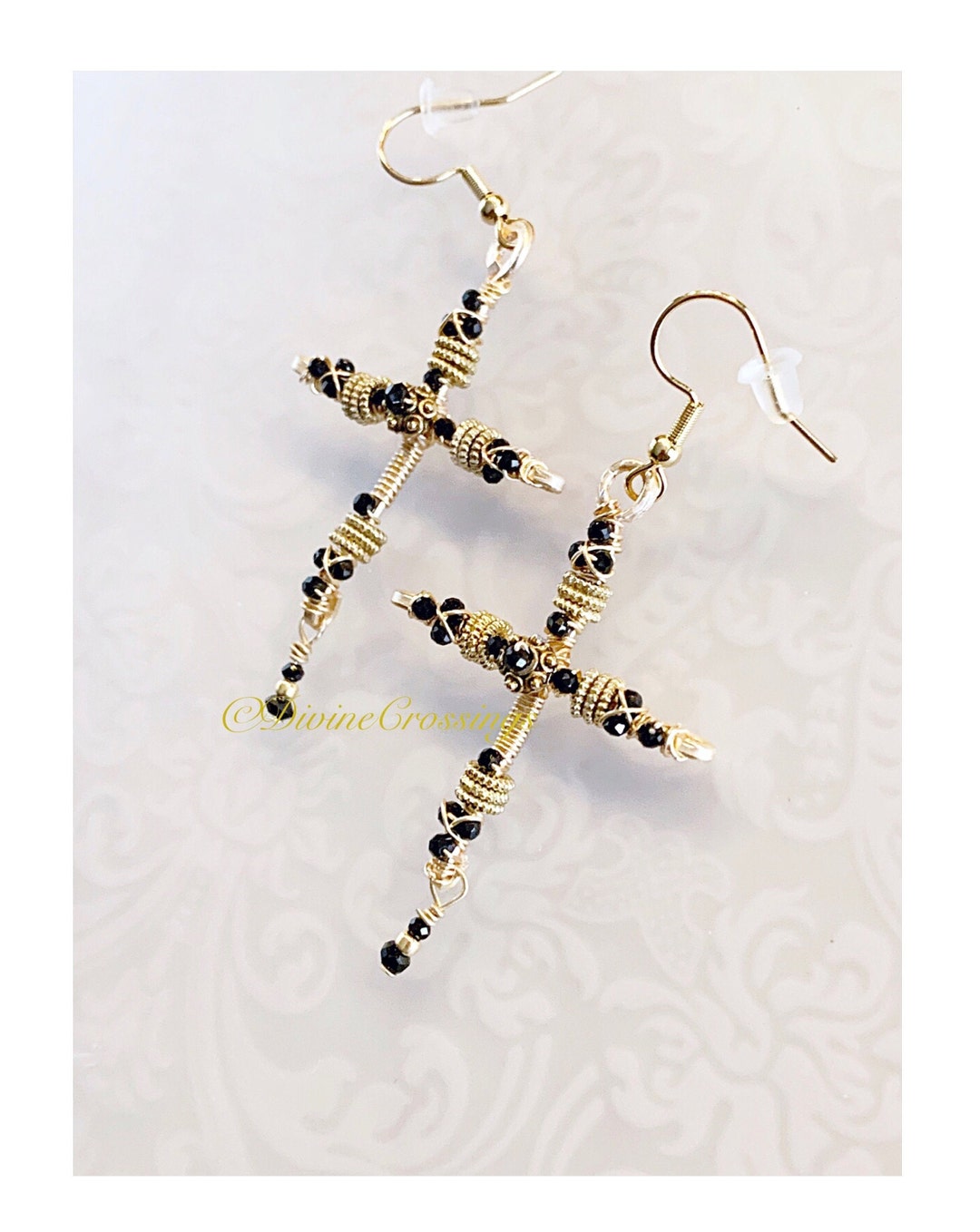 Black goth cross earrings for pierced ears, jeweled beaded Christian ...