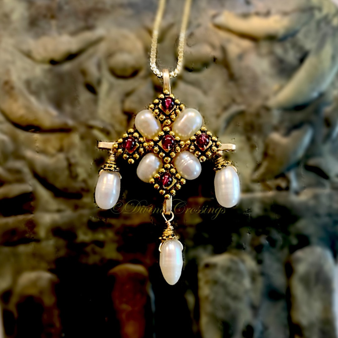 Elizabethan Large Tudor Cross Pendant, Wire Jeweled Crucifix, Christian ...