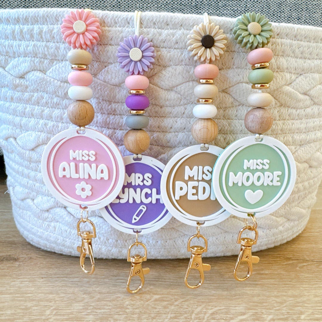 Personalized Floral Beaded Teacher Lanyard: Custom Name Tag - Etsy