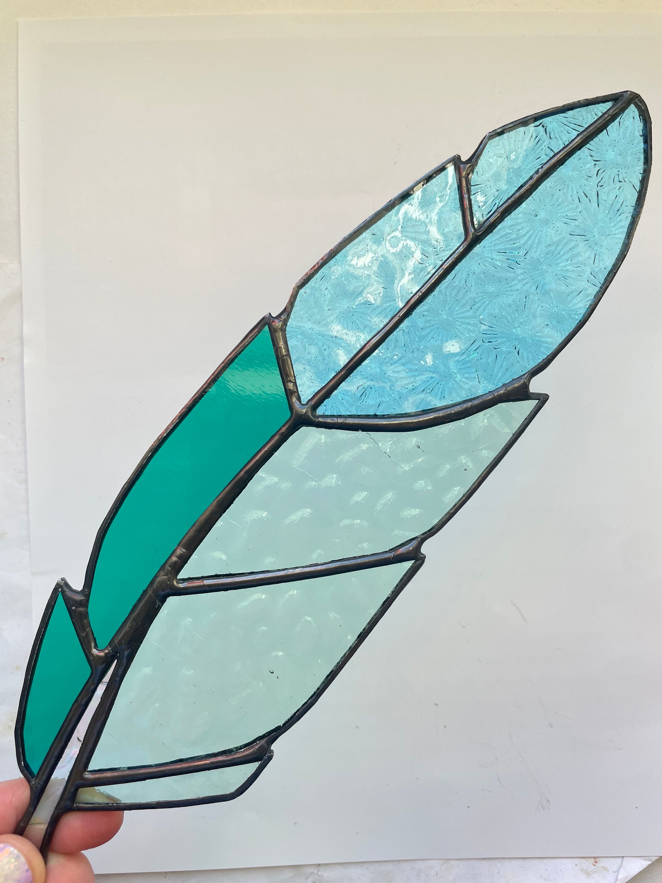 Blue and Turquoise Stained Glass Feather Suncatcher, Window or Wall ...