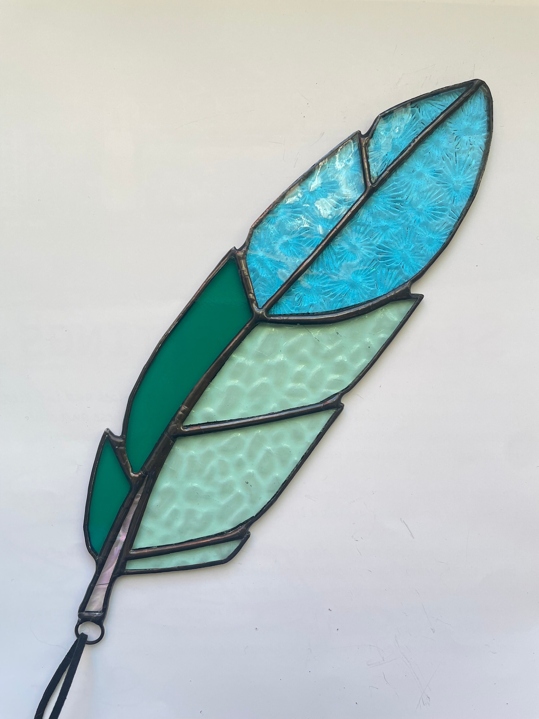 Blue and Turquoise Stained Glass Feather Suncatcher, Window or Wall ...