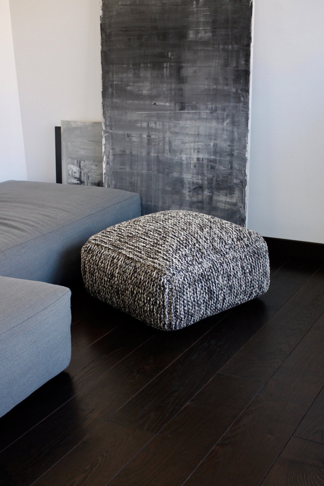 Wool Footstool, Square Knit Pouf, Natural Wool Knitting Pouf, Eco Knit ...