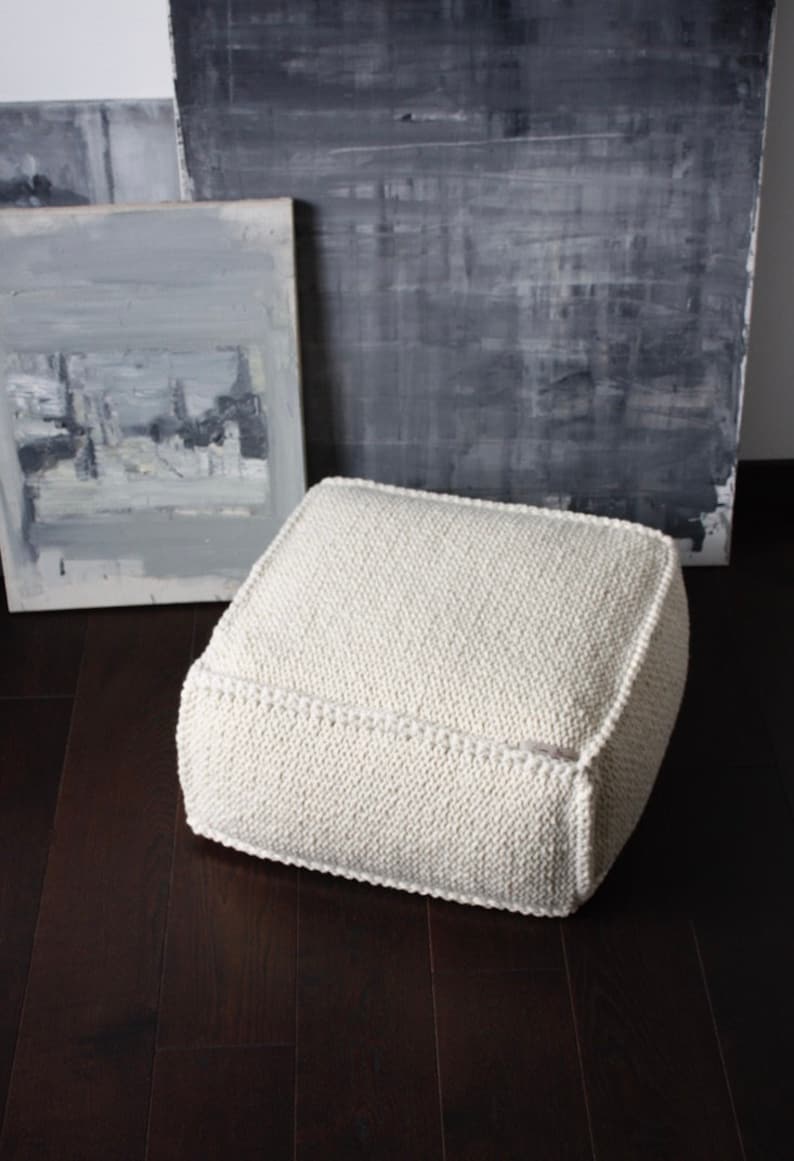 White Wool Footstool-livingroom Pouf-bio Woolen Ottoman-white Knit ...