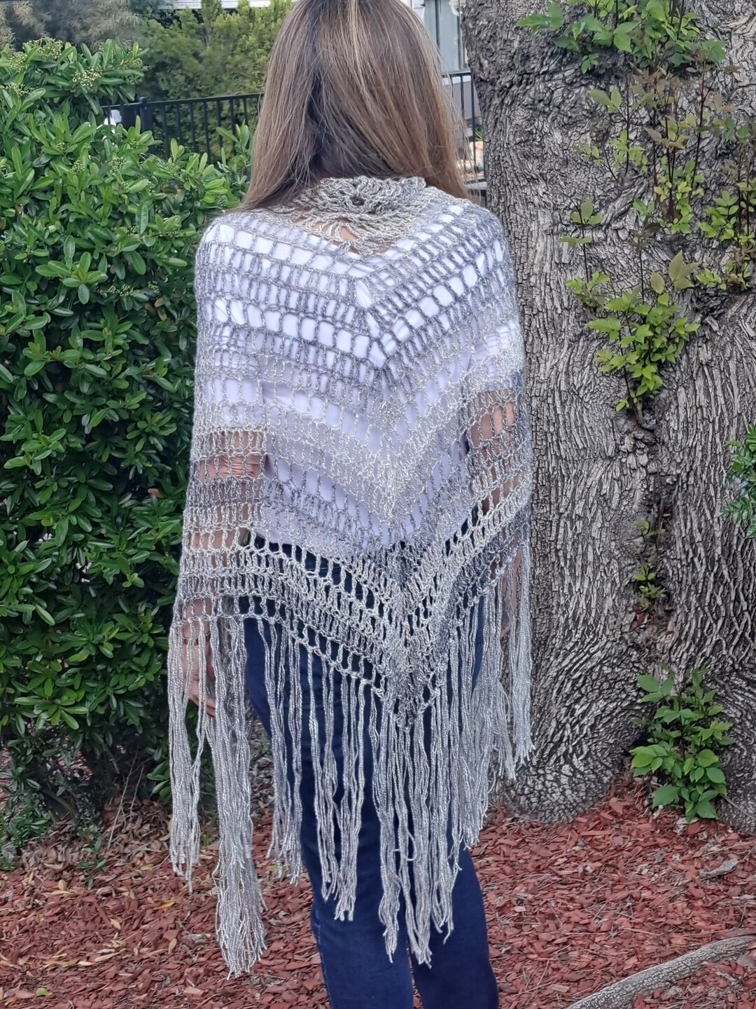 Opal Sparkle Shawl, Long Fringe Wrap, Striped Coverup, Neutral Colored ...