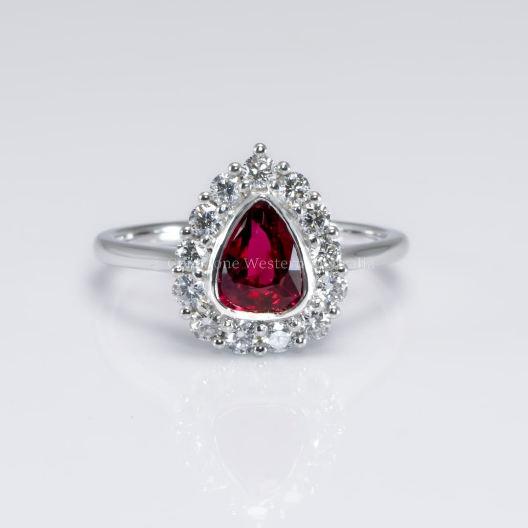 1 Carat Pear Mixed-cut Ruby Halo Ring in Platinum | Pigeon Blood Red ...