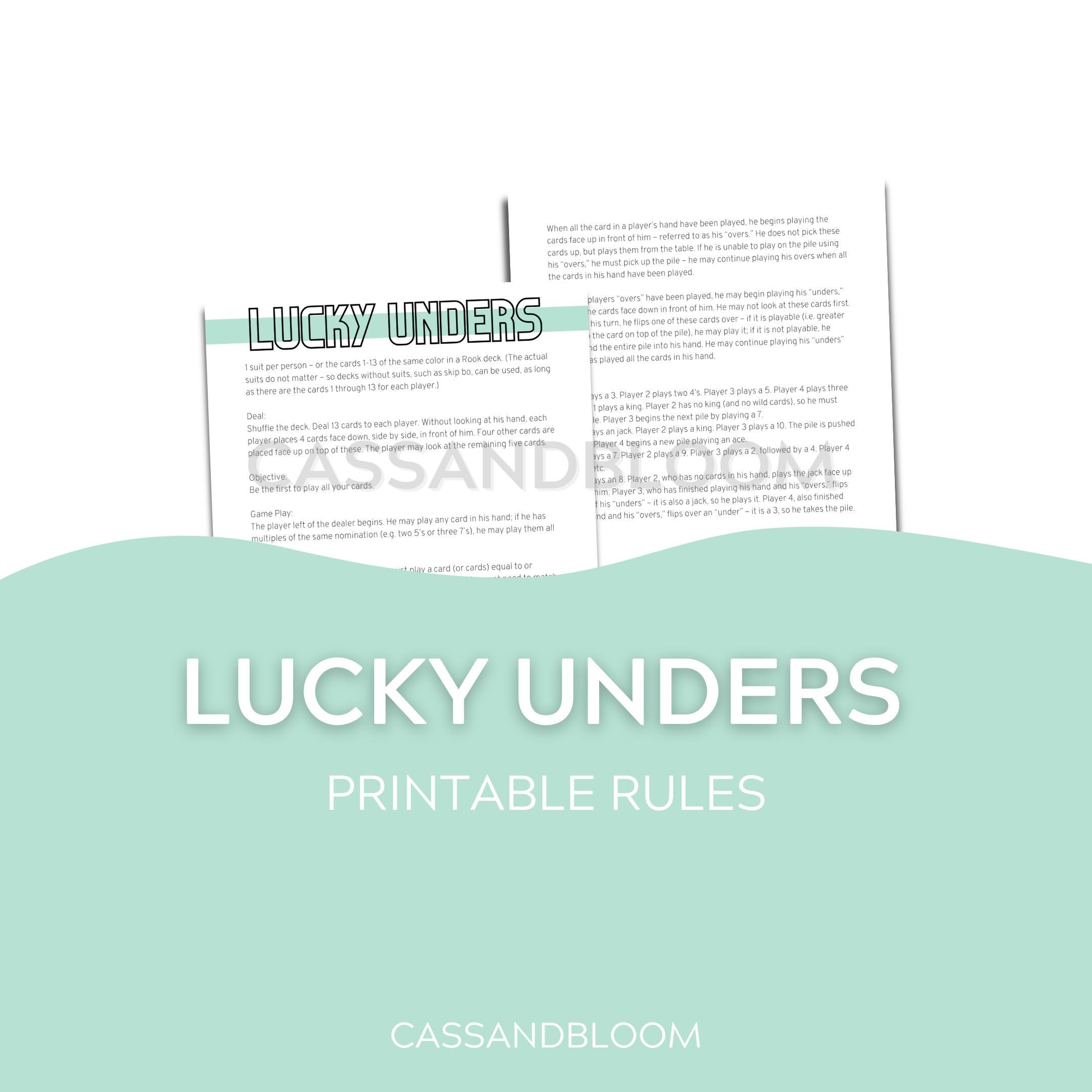Lucky Unders Printable Rule Sheet- Easy to Follow Card Game ...