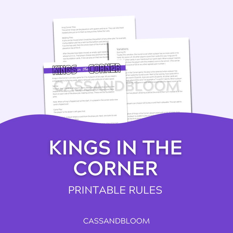 Kings in the Corner Printable Rule Sheet - Easy-to-follow Card Game ...