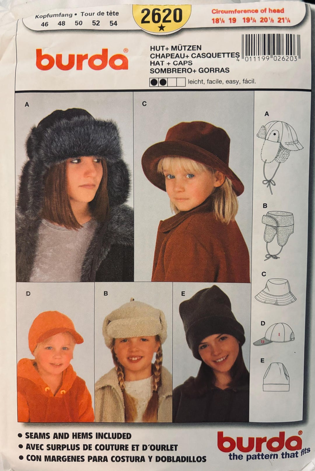 Sewing Pattern Burda 2620 Children’s Hat Brimmed Hat Earflaps - 5 ...