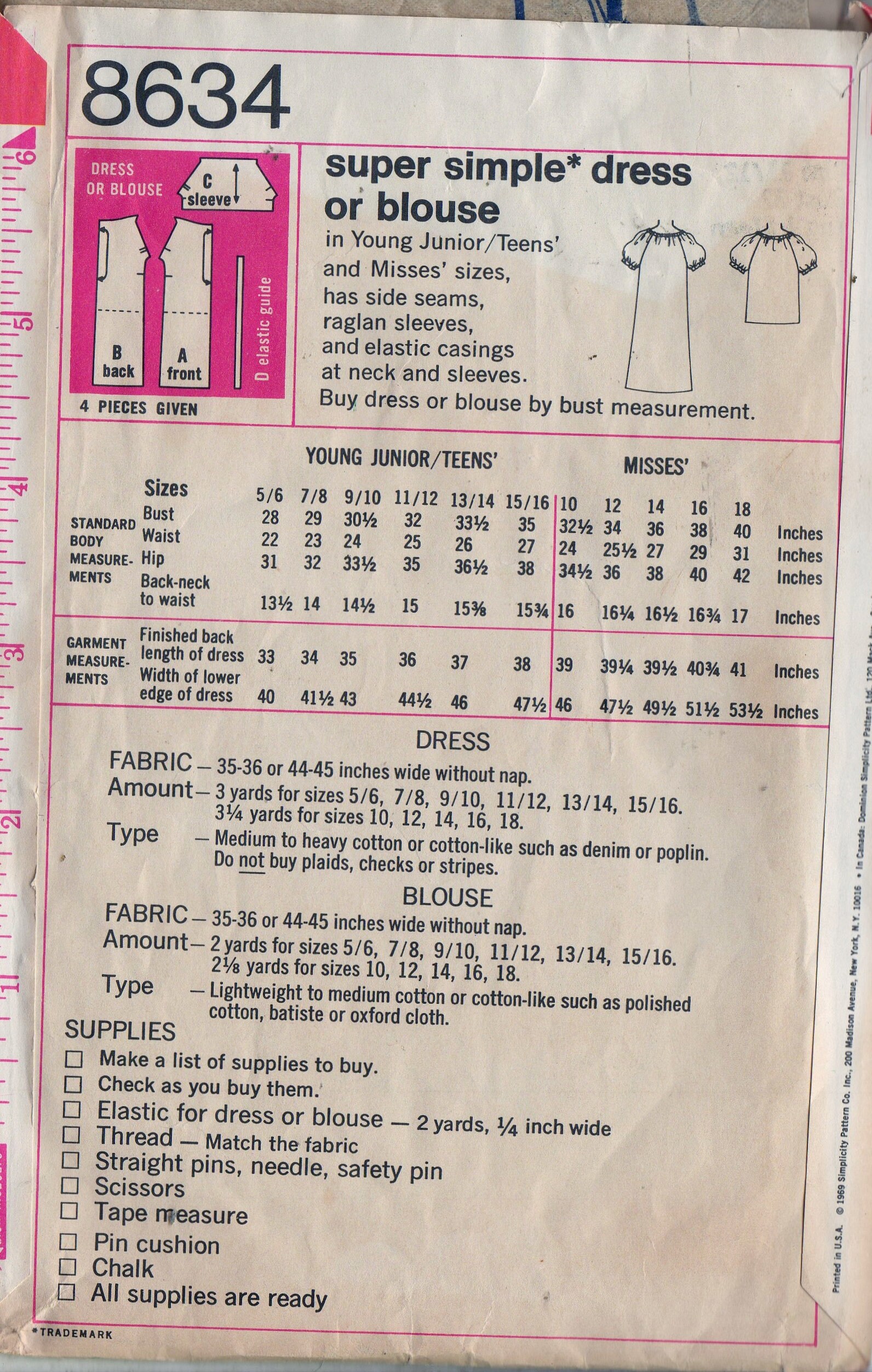 Vintage 1969 Simplicity Sewing Pattern 8634 Misses Super - Etsy