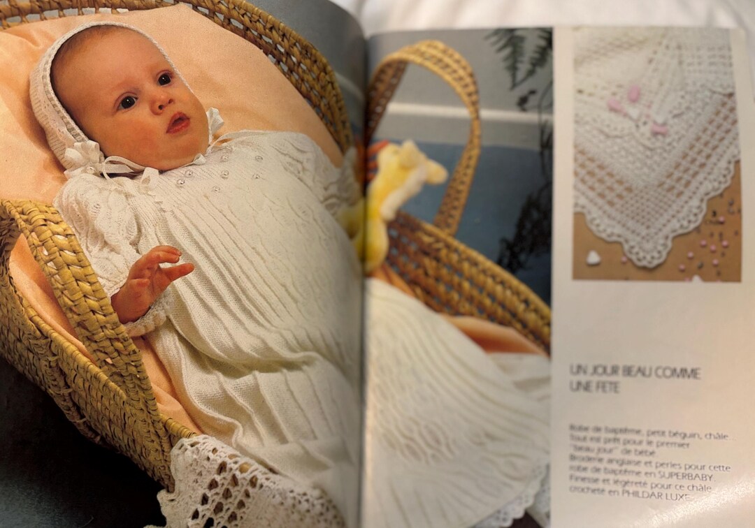 Phildar Baby Knitting Pattern Christening Gown, Cardigan Seal Pullover ...