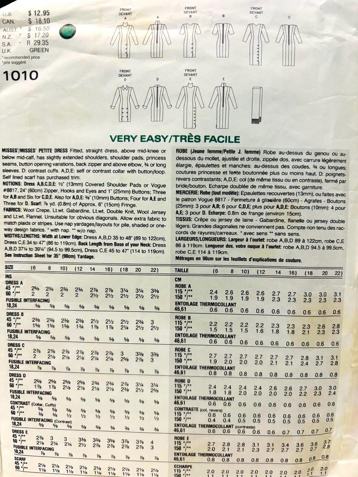 Sewing Pattern Vogue 1010 Women’s Fitted Straight Dress - Size 18-20-22 ...