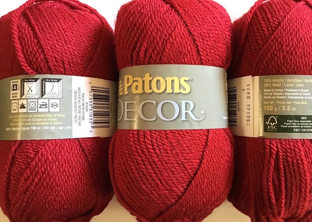 2 Skeins Patons Decor Wool Color Rich New Rose 100 Grams 3 1/2 Oz 75% ...