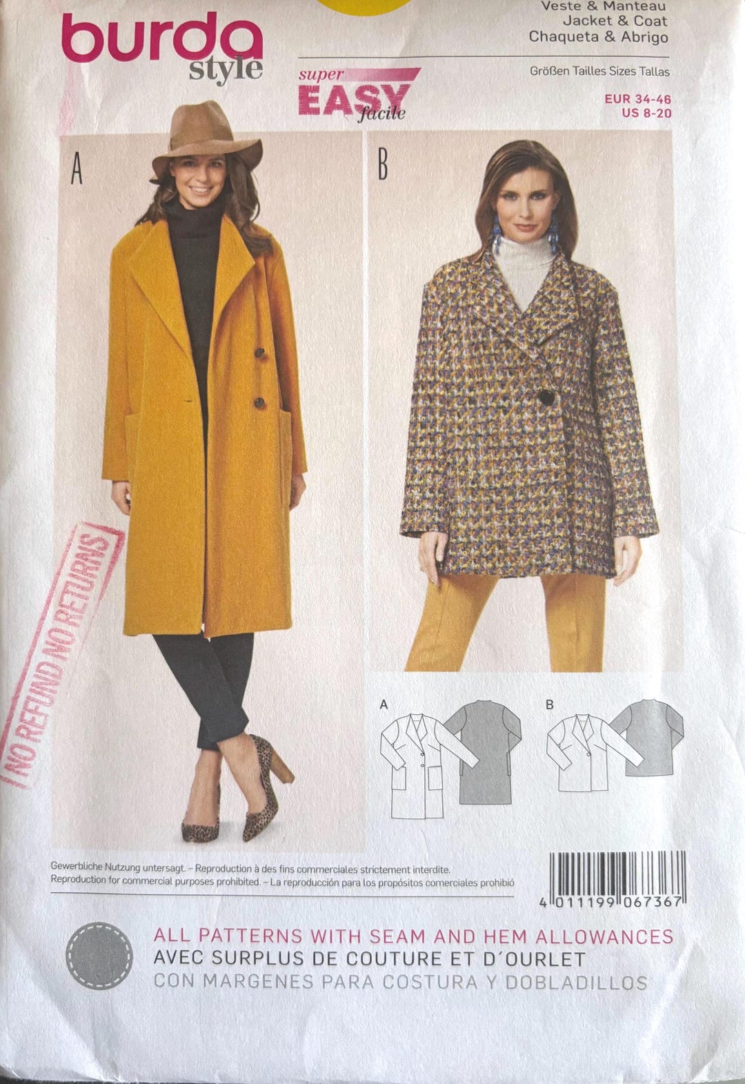 Sewing Pattern Burda 6736 Womens’ Misses’ Loose Fitting Coat Jacket ...