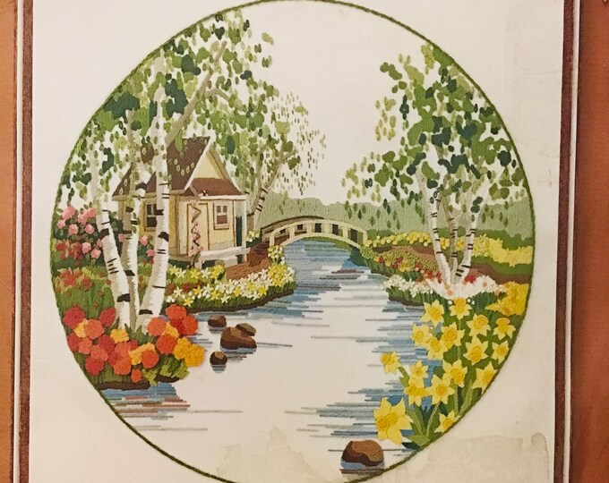 Vintage Sunset Crewel Embroidery - Spring Garden Cottage - Fits 16 X 16 ...