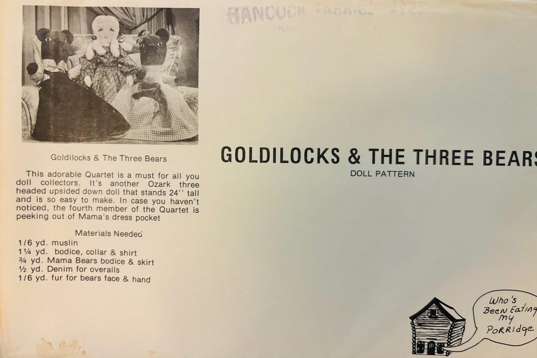 Sewing Pattern - Ozark Goldilocks & Three Bears - Upside Down Doll 24 ...