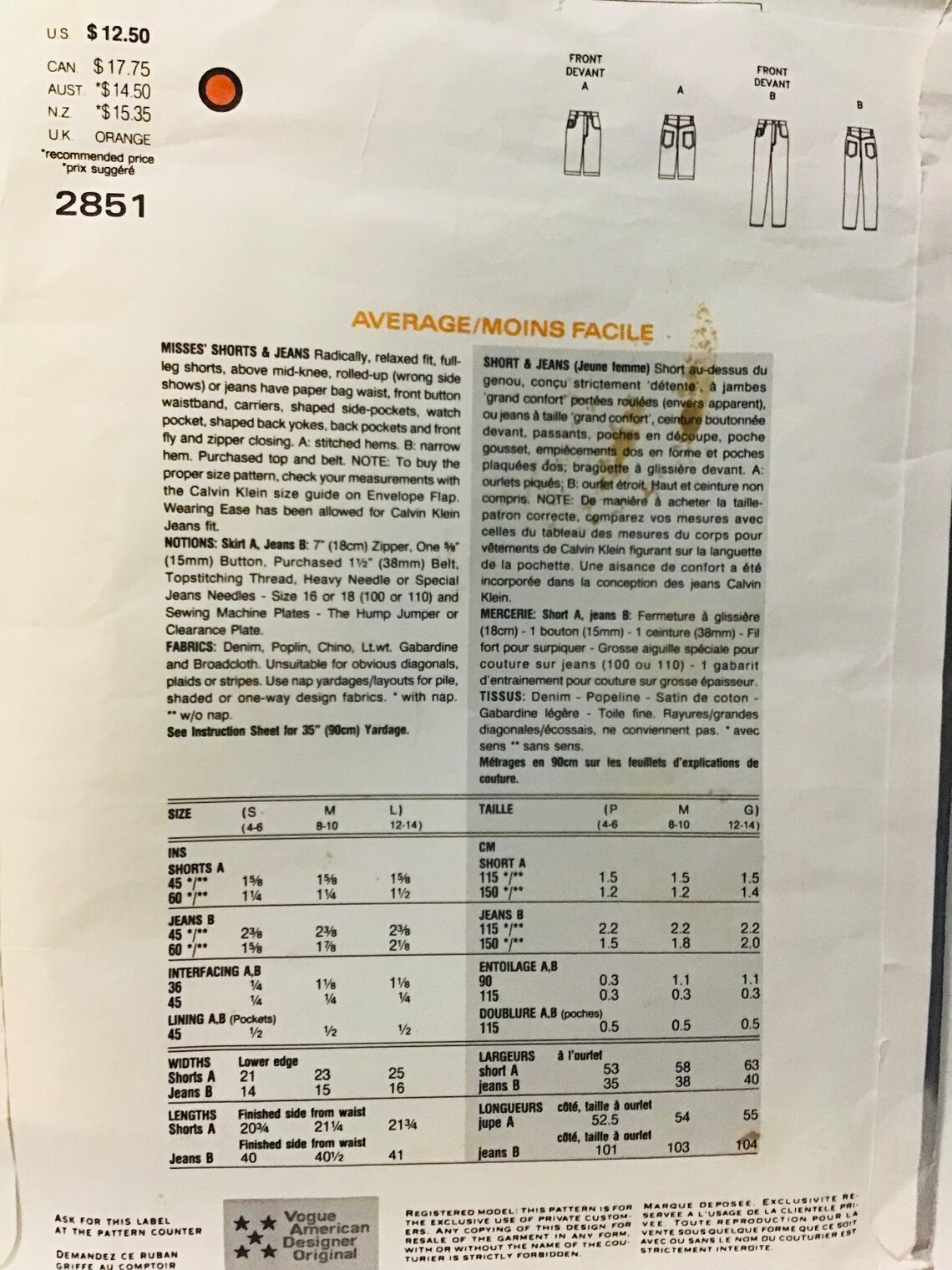 Sewing Pattern Vogue 2851 Calvin Klein Jeans Women’s Jeans & Short ...