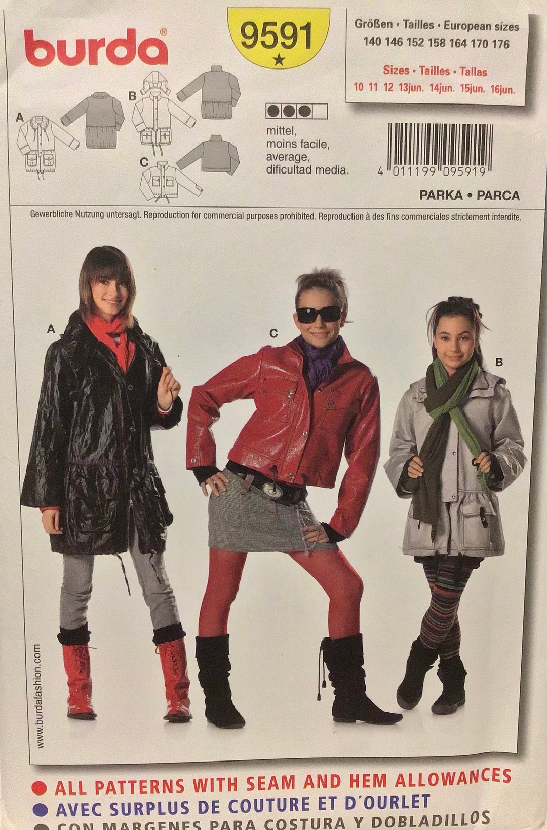 Sewing Pattern Burda 9591 Girls’ Teens Parka With Detachable Hood- Size ...