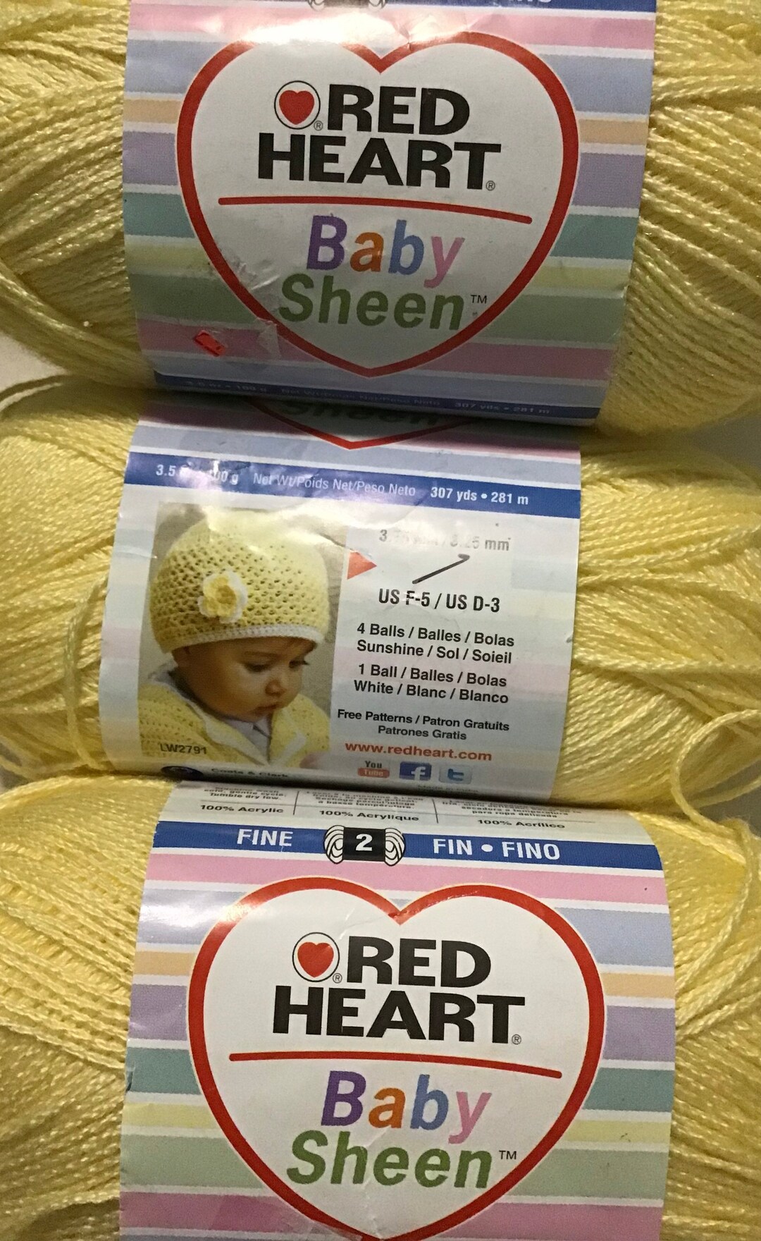 5 Skeins Red Heart Baby Sheen 3.5 Oz 100 Grams Colour Sunshine Shade ...
