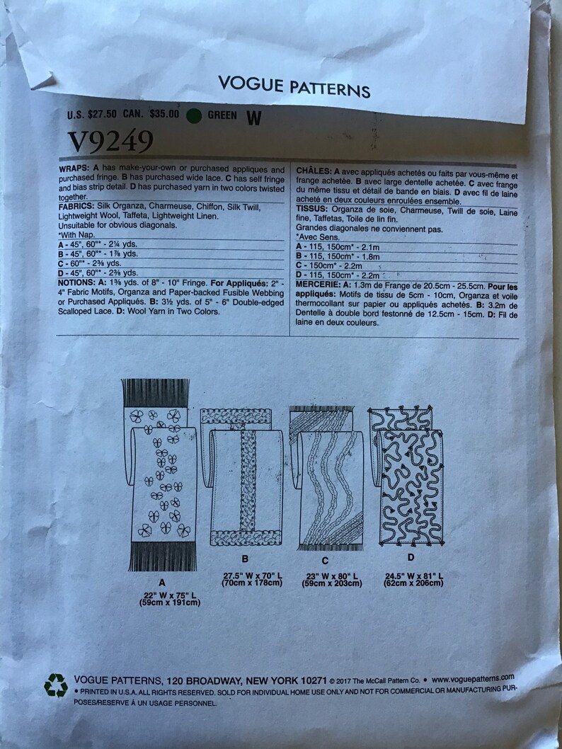Sewing Pattern Vogue 9249 Tara Women’s Wrap - Uncut Factory Folds - Etsy