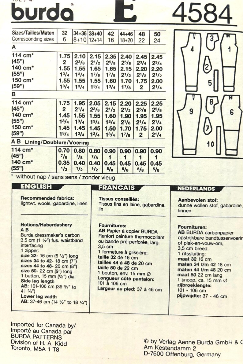 Sewing Pattern Burda 4584 Women’s Pants Size 6, 8-10, 12-14, 16-18, 20 ...