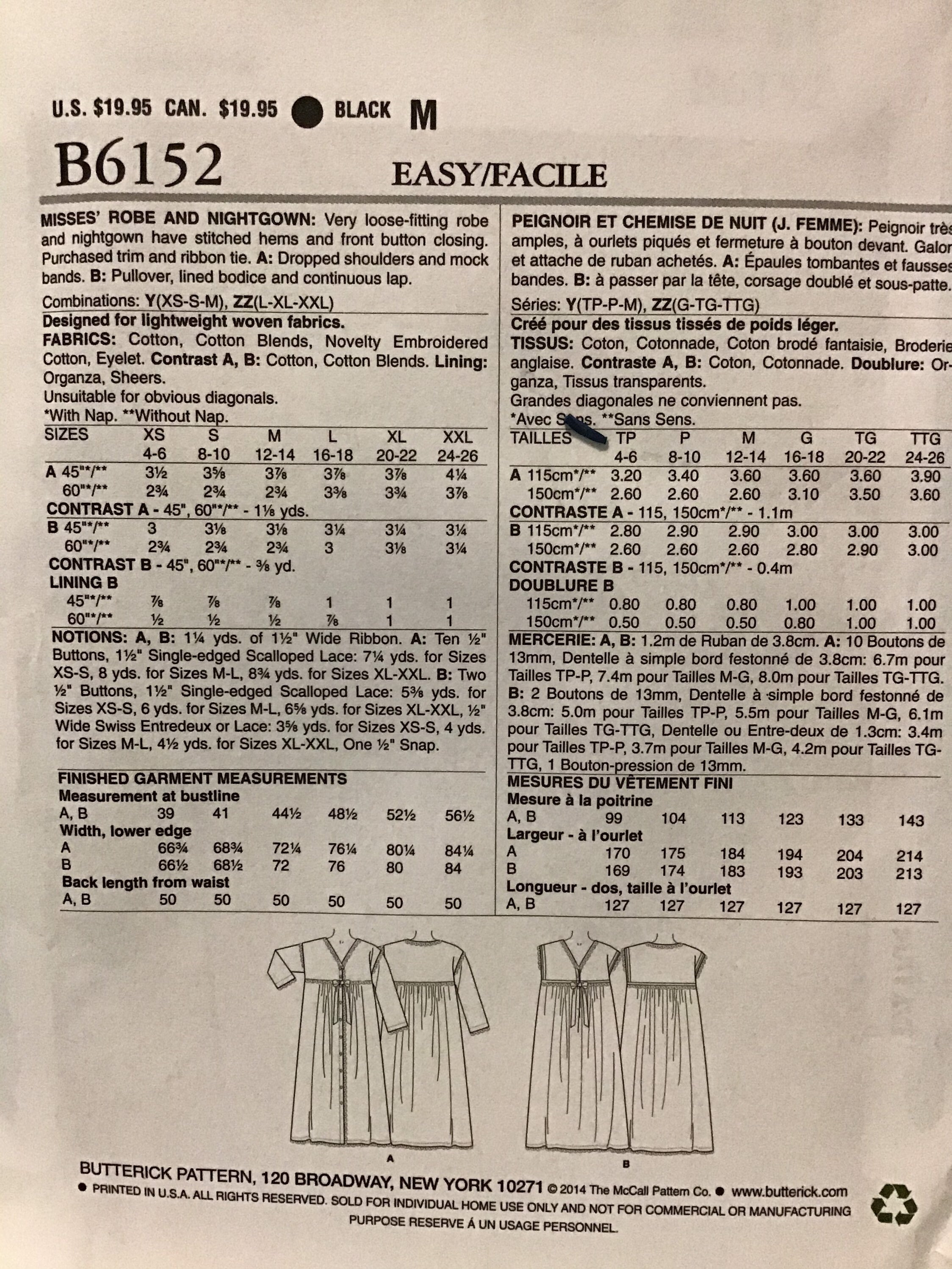 Sewing Pattern Butterick 6152 Womens Very Loose-fitting Robe - Etsy Canada