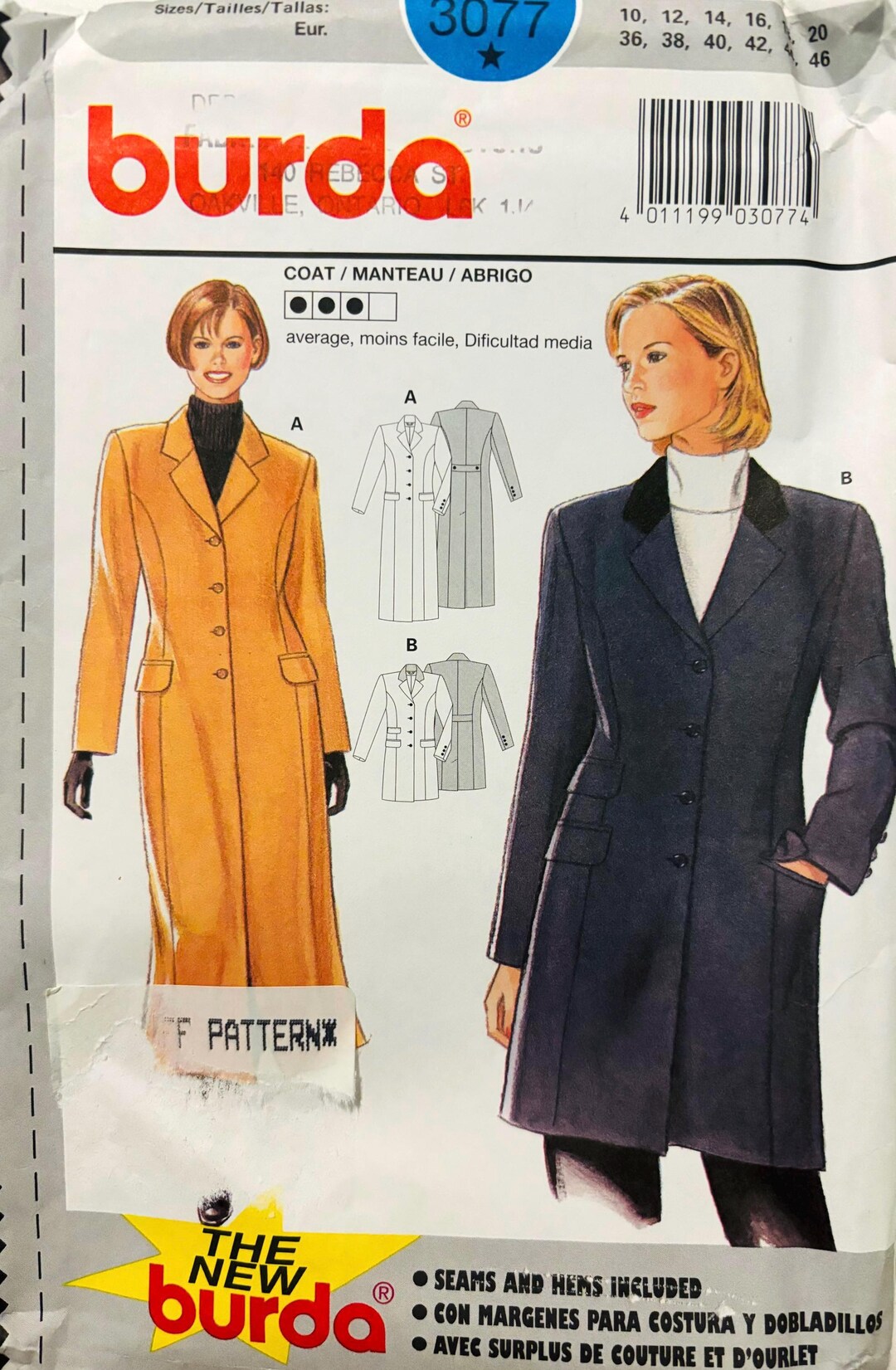 SEWING PATTERN Burda 3077 Women’s Coat Sz. 10-12-14-16-18-20 - Uncut ...
