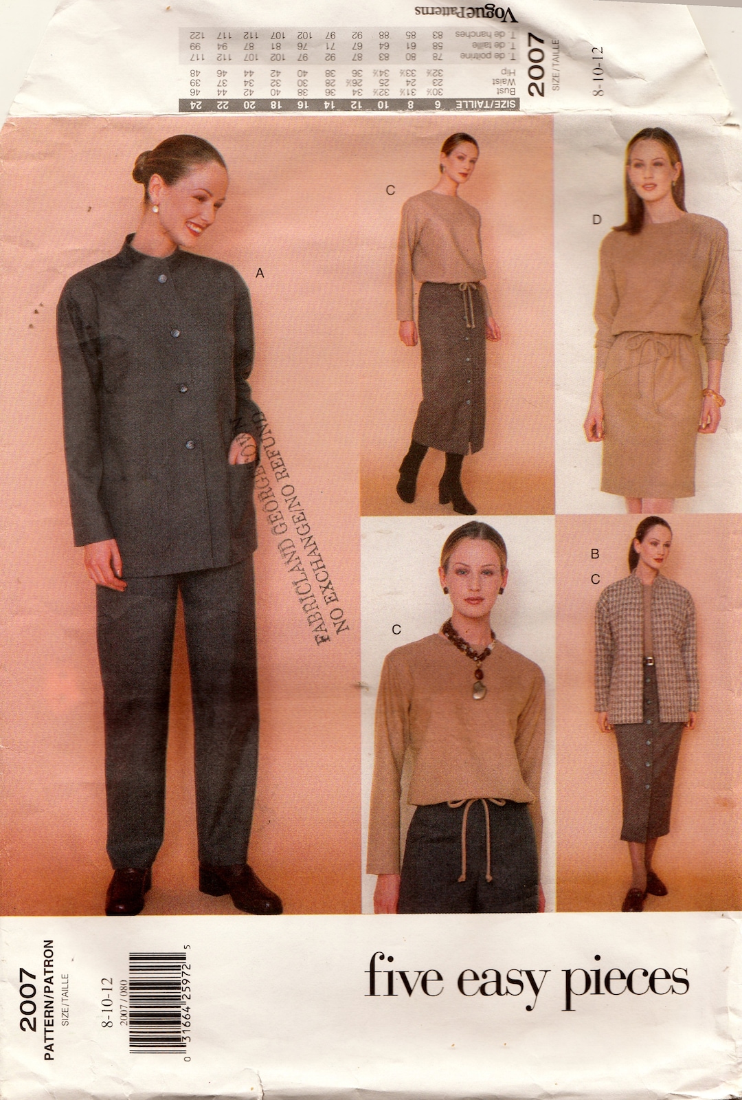 Sewing Pattern Vogue 2007 Five Easy Pieces Ensemble Women's Misses ...
