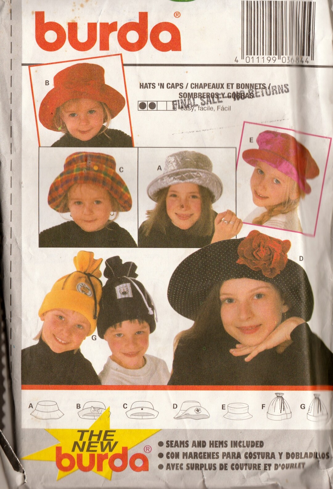 Sewing Pattern Burda 3684 Boys Girls' Hats N' Caps Brimmed Hat, Toque ...